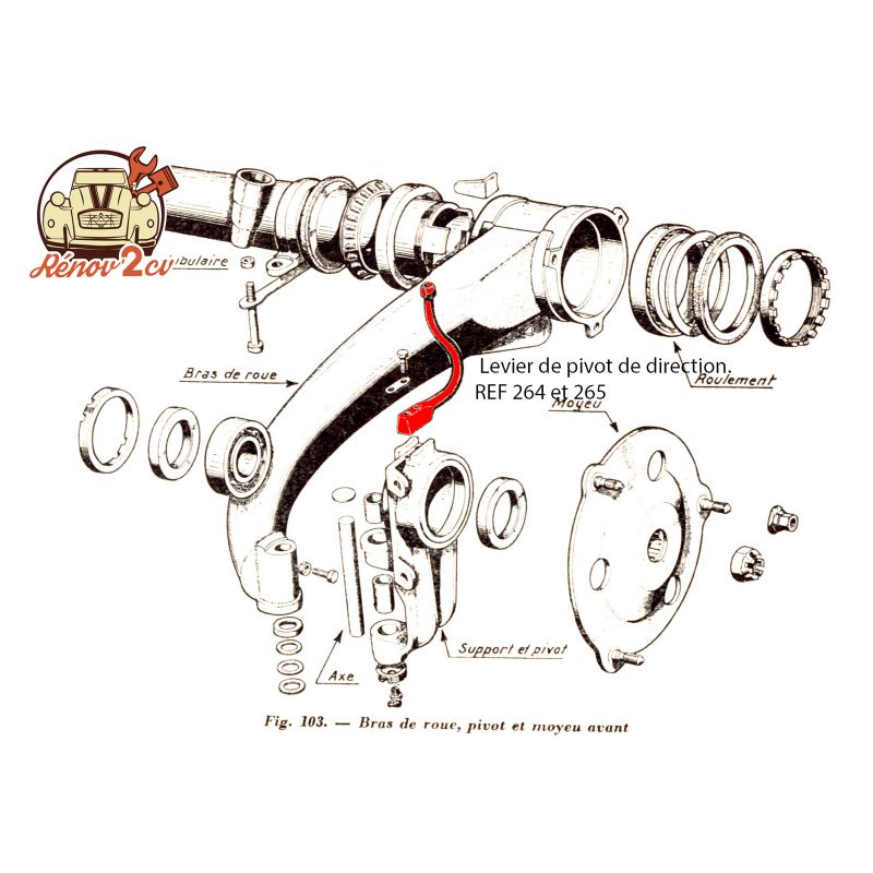 Levier de pivot direction droit 2CV Méhari Dyane